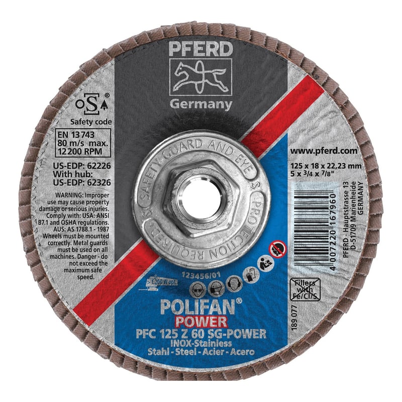 PFERD Polifan® 69300534 Performance Line SG Z-Power Threaded Coated Abrasive Flap Disc, 5 in Dia ...